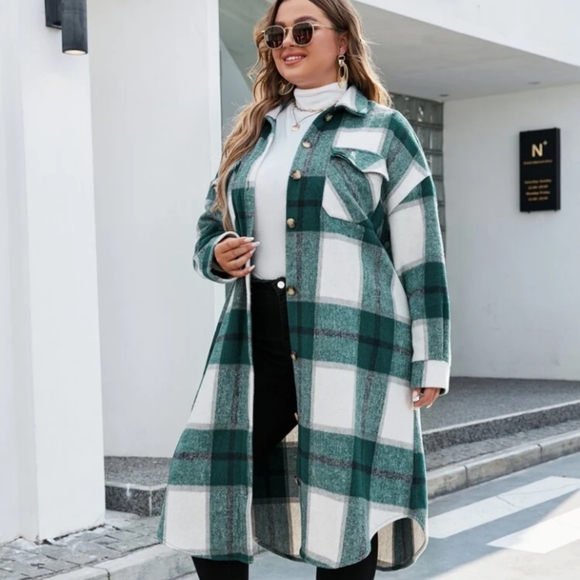 SHEIN | Jackets & Coats | New In Package Plus Size Green Plaid Jacket ...